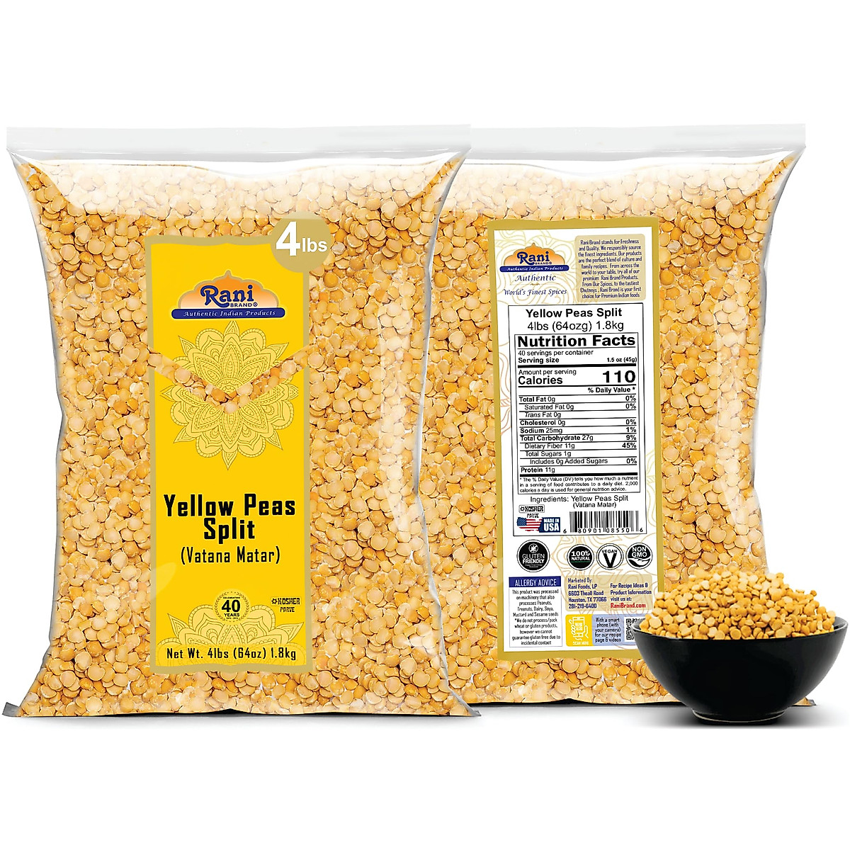 Rani Yellow Peas Split, Dried (Vatana, Matar) 64oz (4lbs) 1.81kg Bulk ~ All Natural | Vegan | Gluten Friendly | Kosher | Product of USA
