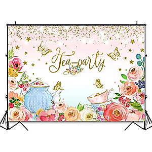 Pink Floral Tea Party Backdrop Glitter Gold Dots Butterfly Let's Partea Photography Background for Women Birthday Bridal Baby Shower Decorations Girls Wonderland Party Banner Photo Booth Props 10x7ft