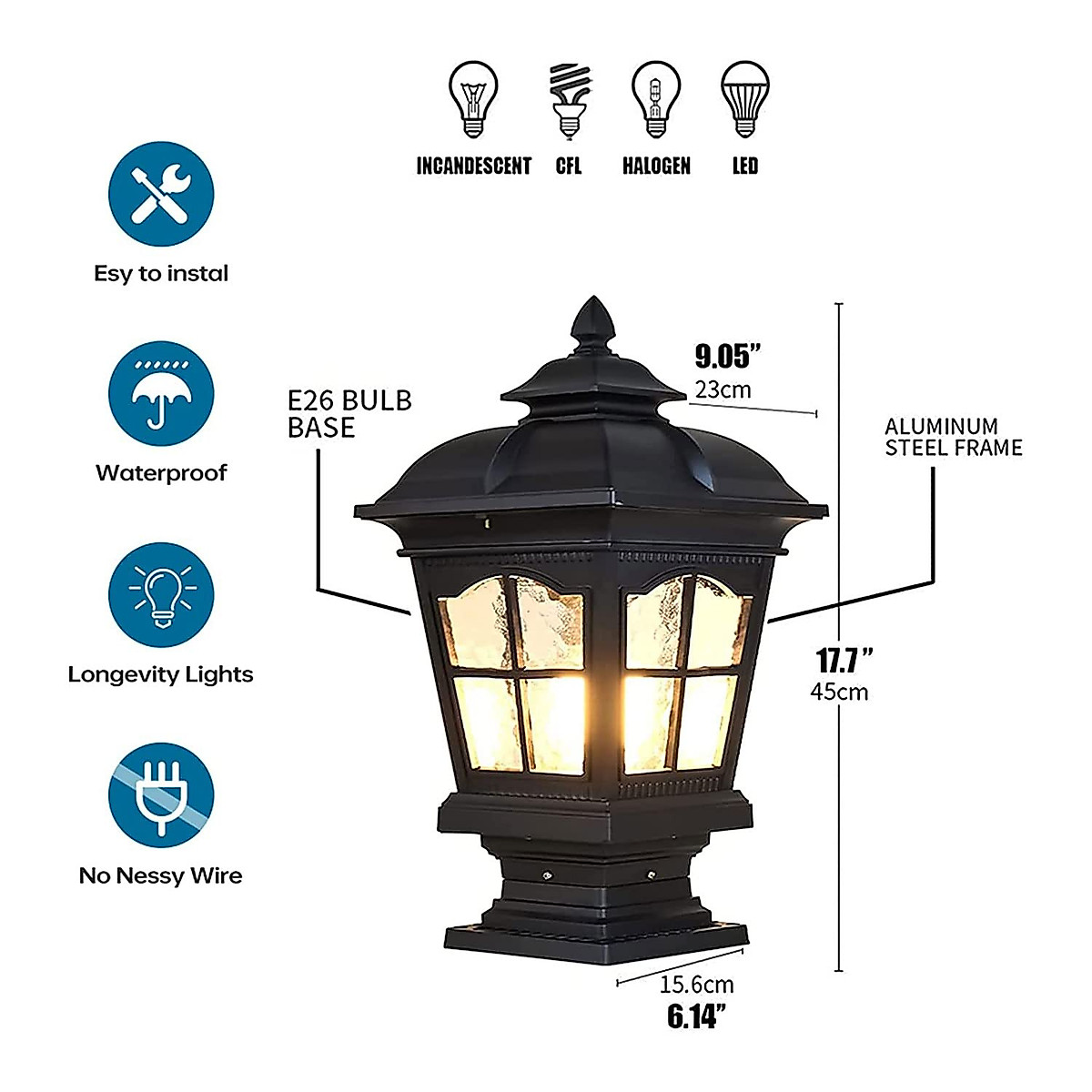 WENZIFI Outdoor Column Lights, Waterproof Post Lights Fixture Aluminium Glass Modern Pillar Lights Outdoor Decorations for Patio Villa Garden Fence Column Post Lights E26