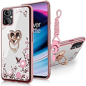 B-wishy OnePlus Nord N20 5G Glitter Case - Slim TPU Luxury Butterfly Floral Design, Kickstand, Strap (Rose Gold)