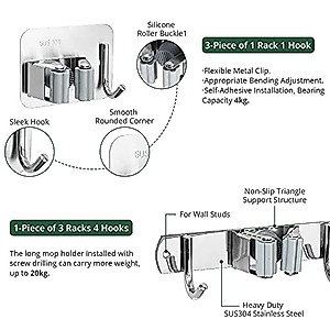 JiGiU Mop and Broom Holder, 1+3 Mop Broom Organizer Set 16 inch Installation Broom Mop Hanger(3 Position 4 Hooks) and 3Pcs Mop Hooks Wall Mounted Self Adhesive Stainless Steel for Garden,Garage