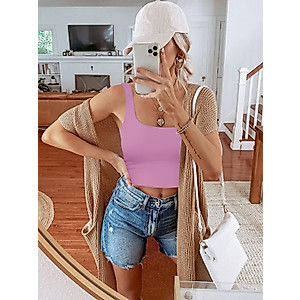 REORIA Women's Summer Sexy Basic Sleeveless Square Neck Fitted Seamless Yoga Cropped Tank Cute Crop Tops Violet Medium