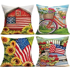 YANGYULU Pillow Covers Garden Sunflowers Blooming Flowers Decorative Cotton Linen Patriotic American Flag Cotton Linen Pillow Case Decor Independence Day Gift for Home 18"x18"4PCS(Sunflower Blooming)
