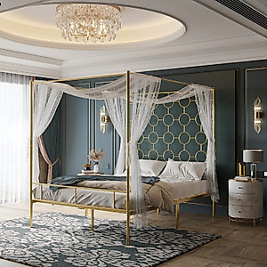 PAUKIN Gold Metal Canopy Bed Frame Queen/Mattress Foundation with Steel Slat Support/No Box Spring Needed/Easy Assembly, Queen