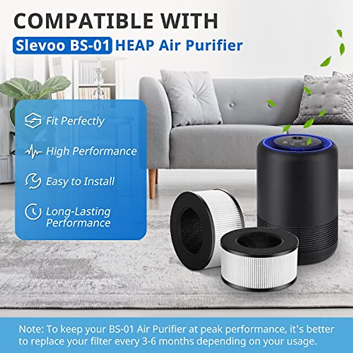 BS-01 True HEPA H13 Filter Replacement Compatible with Slevoo BS-01 Air Purifier, True H13 HEPA Filter for Slevoo Air Purifier with 3-in-1 BS01 Filtration System, 2 Pack