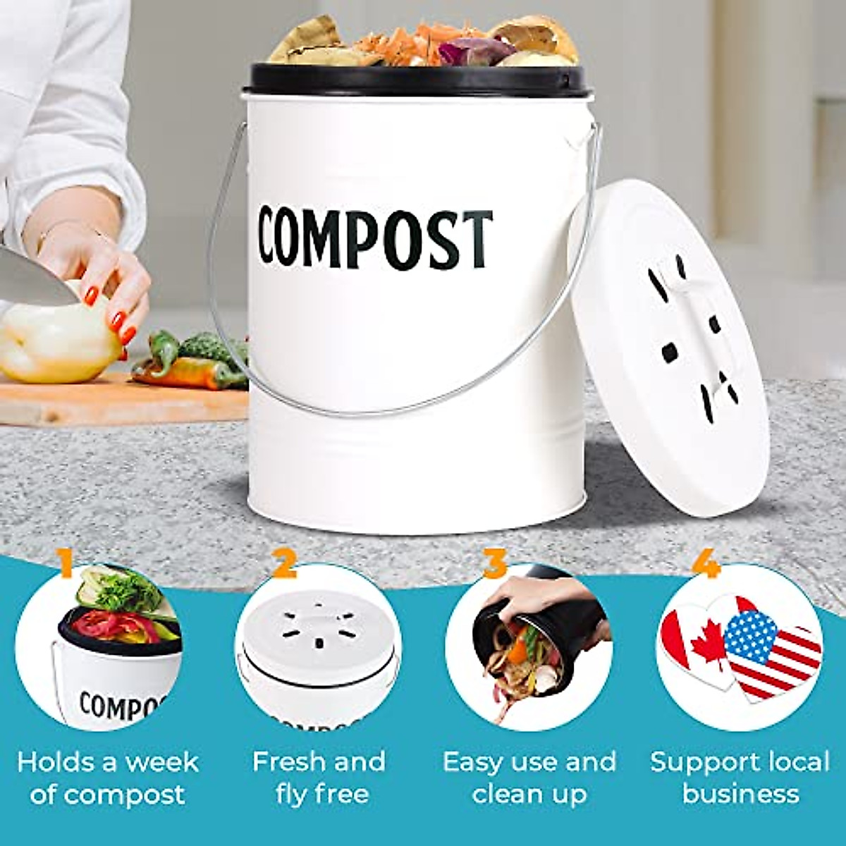 Kitchen Compost Bin by Saratoga Home - 1.3 Gal/5L Metal Compost Bucket for Kitchen Countertop, Kitchen Composter, Countertop Compost Bin, Compost Bin Kitchen, Kitchen Compost Bin Countertop, White