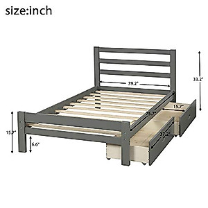 Twin Bed Frame with Drawers, Twin Bed Frame with 2 Storage Drawers, Wood Twin Platform Bed with Headboard for Kids Teens Boys Girls Adults, No Box Spring Needed, Easy Assembly, Grey