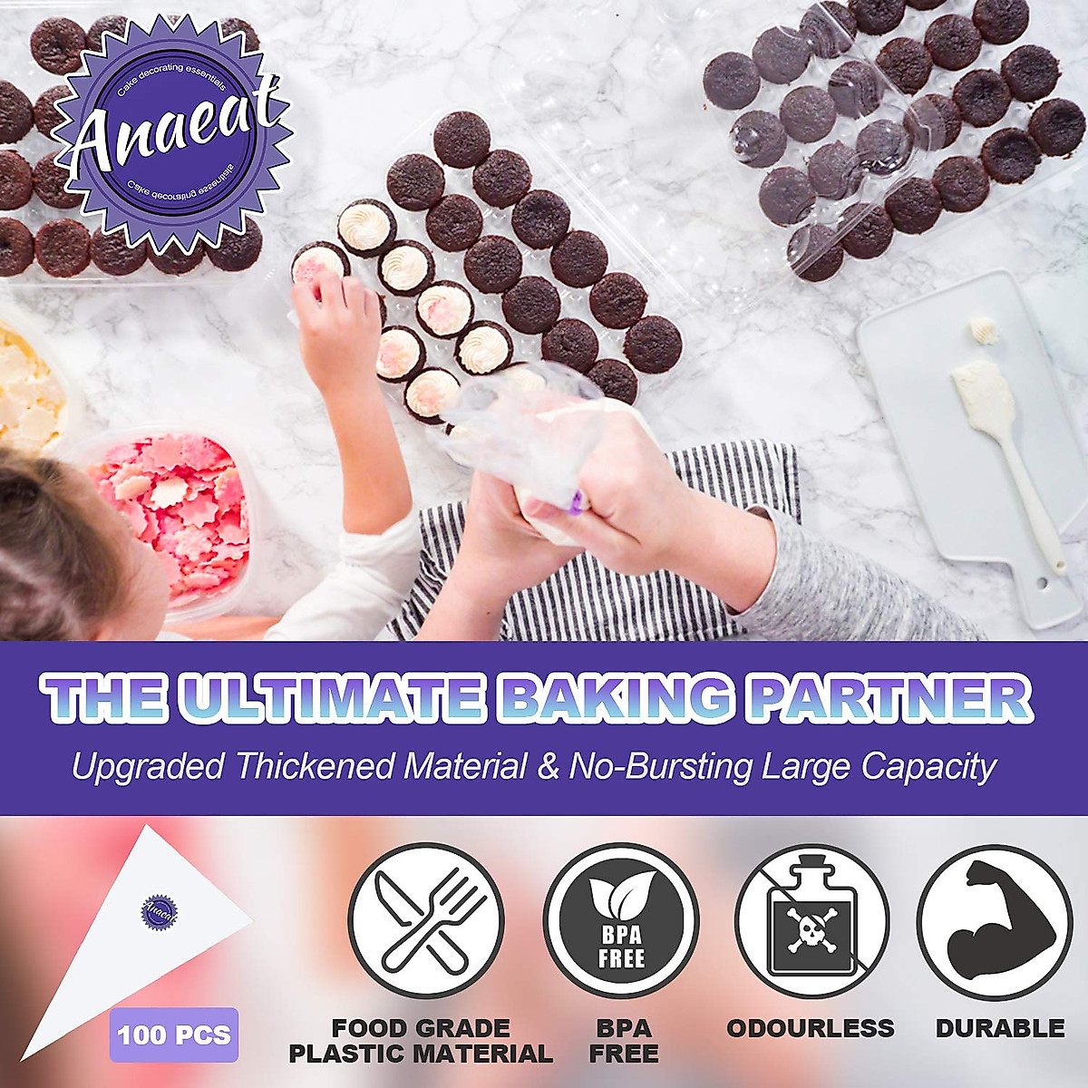 Anaeat Pastry Piping Bags Anti-Burst - Extra Thick 100 Pack Cake Decorating Bags, Disposable Cupcake Icing Bags for Cake, Cupcakes, Cookies & Frosting - Professional Baking Tools for Bakers (16")