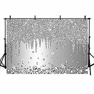 ABLIN 7x5ft Silver Backdrop Dripping Glitter Crystal Diamond Silver Happy Birthday Party Bridal Shower Wedding Decorations Photography Background Photo Shoot Props