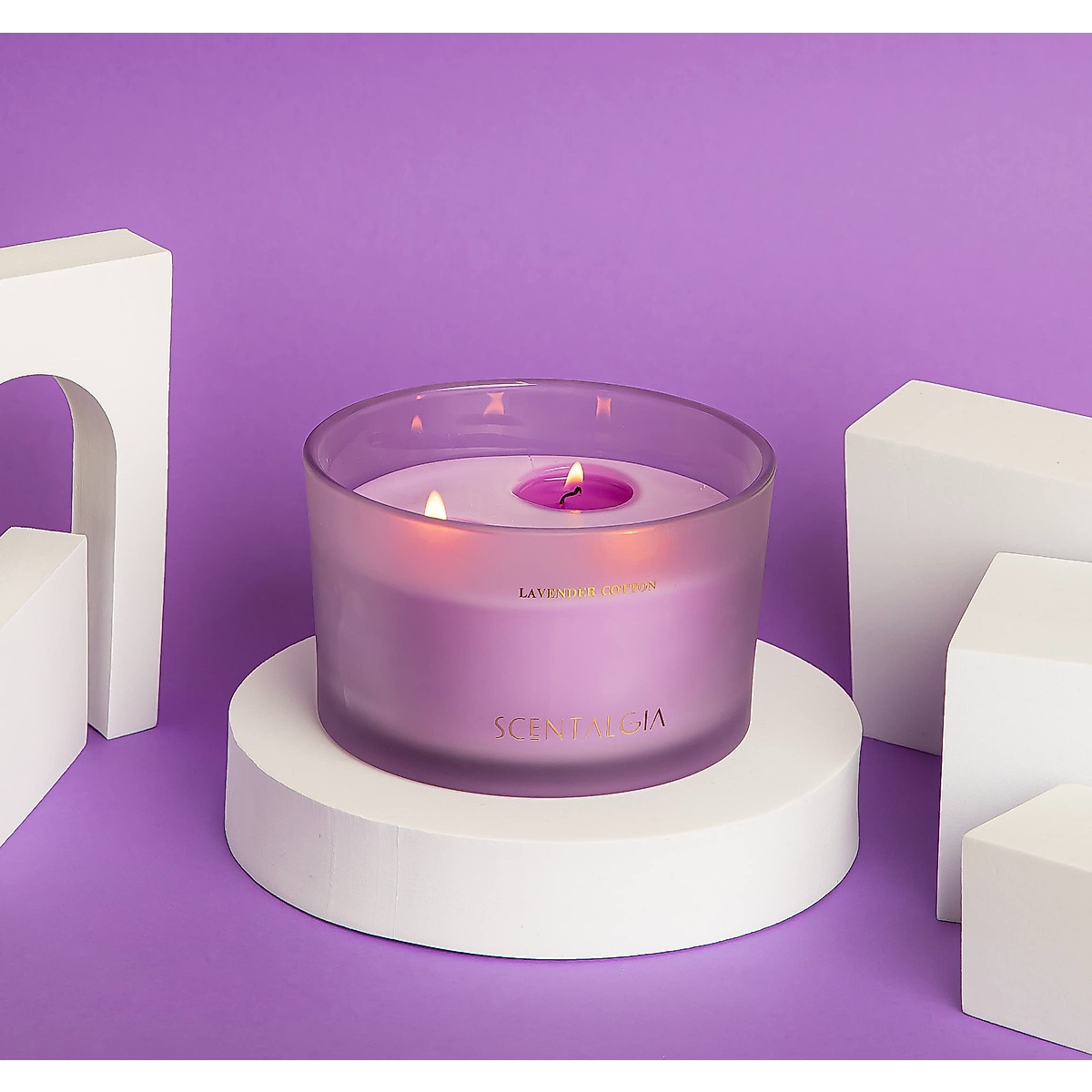 SCENTALGIA Scented Soy Candle Jar with Lavender Cotton Fragrance - 3 Wick Large Candles with Long-Lasting 55 Hours Burn Time - Perfect for Home, Office, Spa, Yoga, Meditation & Gifts
