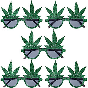 5 Pairs Marijuana Glasses Glittered Weed Glasses Pot Leaf Round Lens Sunglasses for Halloween Costume Green