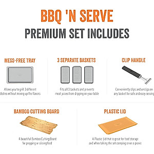 Yukon Glory™ BBQ 'N SERVE Premium Set, Includes 3 Grill Baskets, Serving Tray, Bamboo Cutting Board, Plastic Lid and Clip-on Handle