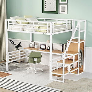 Full Size Loft Bed with Desk and Stairs Metal Loft Bed with Storage Wardrobe and Shelves, Heavy-Duty High Loft Bed for Kids Teens Adults, White