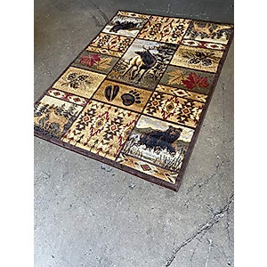 Cabin Style Distressed Antiquated Area Rug Black Bear Elk Deer Wildlife Animal Country Hunting Southwest Wilderness Design 760 (5 Feet X 7 Feet)