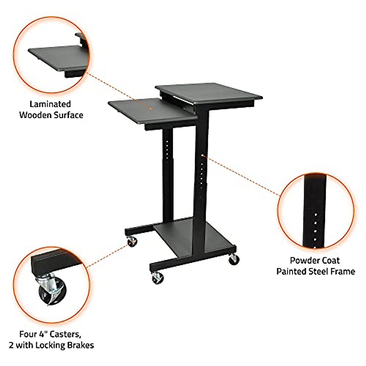 Luxor Adjustable Height Multipurpose Lightweight Rolling Presentation Workstation with 3 Shelves - Black, Perfect for School, Classroom, Office and More