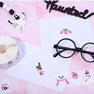 AnyDesign 1000Pcs Halloween Stickers Roll Pink Ghost Self Adhesive Stickers Round Label Stickers Decals for Crafts Gifts Candy Bags Party Supplies, 8 Designs