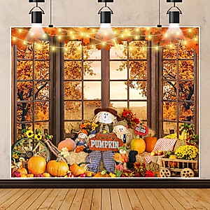 Fall Thanksgiving Backdrops for Photography Pumpkin Fall Window Photo Backdrop Scarecrow Maple Leaves Background Autumn Harvest Party Decorations Background Baby Shower Party Banner Photo Props 10x8ft