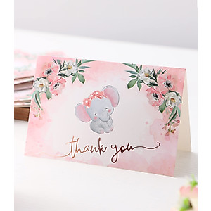 Heavy Duty Baby Shower Cards Girl - 36 Pk - Elephant Cute Thank You Cards with Envelopes Birthday Thank You Notes Pink Floral Watercolor Baby Girls
