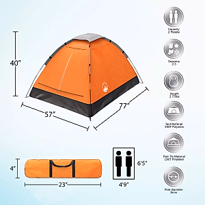 2-Person Camping Tent - Includes Rain Fly and Carrying Bag - Lightweight Compact Outdoor Tent for Backpacking, Hiking, or Beaches by Wakeman (Orange)