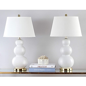 SAFAVIEH Lighting Collection Pamela Modern Contemporary White Triple Gourd Ceramic 27-inch Bedroom Living Room Home Office Desk Nightstand Table Lamp Set of 2 (LED Bulbs Included)