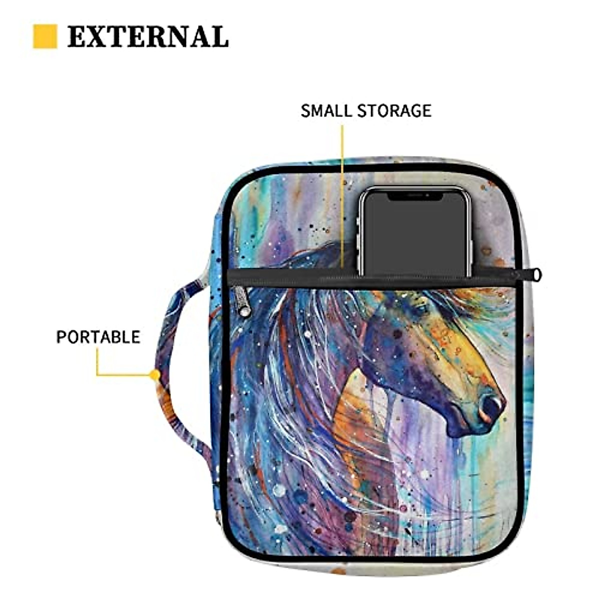 Suobstales Watercolor Horse Print Bible Cover for Women Men Bible Case Bible Bags Study Book Cover with Handle and Pocket Carrying Bible Holder Church Tote Bags