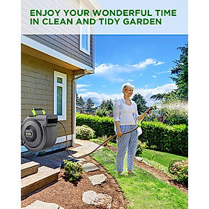 MYTOL Retractable Garden Hose Reel, 1/2 Inch x 100 ft + 6 ft Wall Mount Hose Reel with Automatic Slow Rewind System, Any Length Lock, 10 Patterns Hose Nozzle, 180°Swivel Bracket, for Garden Watering