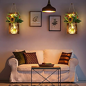 Adeeing Mason Jar Wall Decor, Rustic Wall Sconces with LED Lights Remote Control, Farmhouse Hanging Decorative Sconce Jars for Living Room, Hallway, Bedroom (Sunflowers Set of 2)