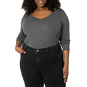 Amazon Essentials Women's Slim-Fit Layering Long Sleeve Knit Rib V-Neck (Available in Plus Size), Pack of 2, Black/Charcoal Heather, Small