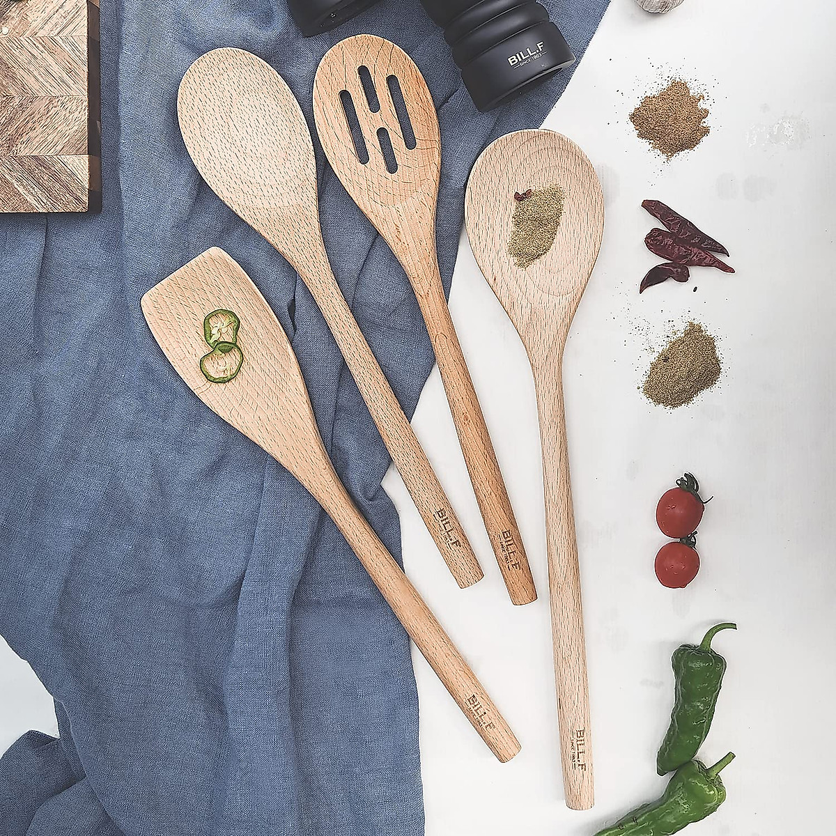 16" x 8.6” Acacia Wood Cutting Board - Wooden Kitchen Cutting Boards for Meat, Cheese, Bread,Vegetables &Fruits, Wooden Spoons for Cooking 4-Piece Beech Wood Utensil Set