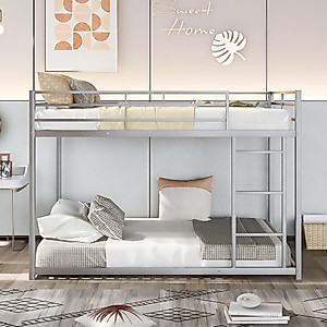 Full Over Full Bunk Bed with Ladder,Metal Floor Bunk Bed Frame with Safety Guardrail and Steel Slats Support for Kids Teen Girls Boys Adults Bedroom Furniture,Heavy Duty Metal Bed Frame (Silver, Full)