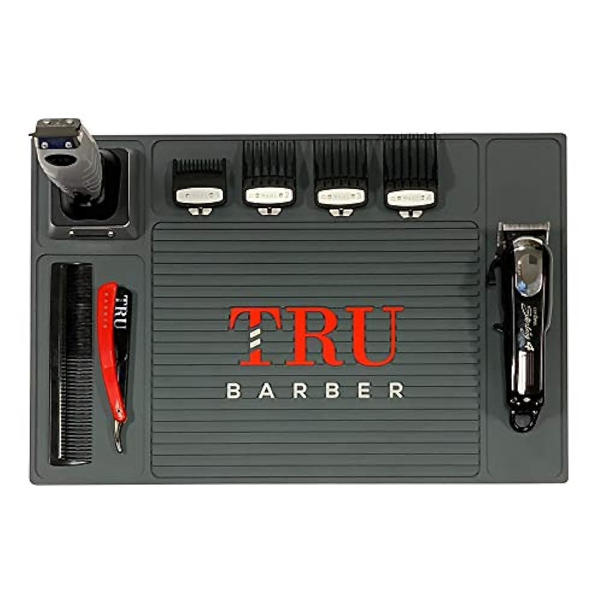 TRU BARBER Organizer Mat 18" X 13" (Charcoal Grey) Flexible PVC Station Mat, Salon Barbershop work station pads, Beauty salon tools, Counter mat for clippers, anti slip
