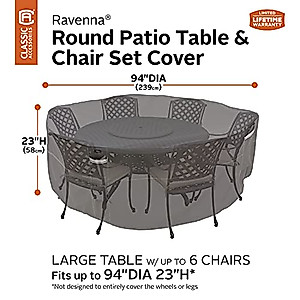 Classic Accessories Ravenna Waterproof Round Patio Table & Chair Set Cover, Outdoor Dining General Purpose Furniture Covers with Cord Lock & Padded Handles, 94 inch