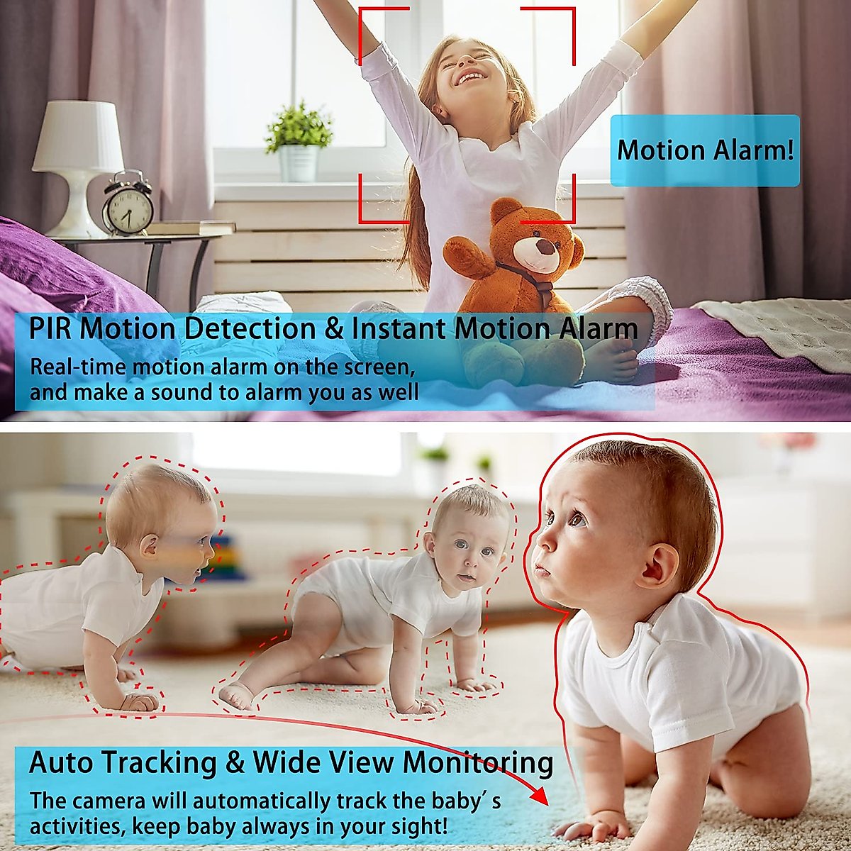 Baby Monitor with Camera and Audio 【2022 Upgraded】, Video Baby Monitor with Night Vision, Baby Camera Monitor, Baby Monitors, PTZ, Motion Detection, Auto Tracking, Temperature Monitor, 2-Way Talk