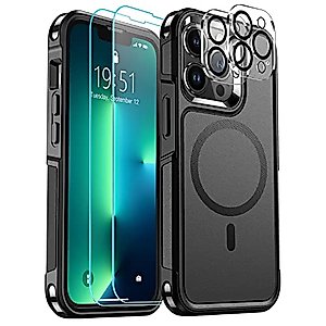 SUPFINE Magnetic for iPhone 13 Pro Max Case [Compatible with MagSafe] [10 FT Military Grade Drop Protection] 2X [ Tempered Glass Screen Protector+Camera Lens Protector] Non-Slip Phone Case, Black