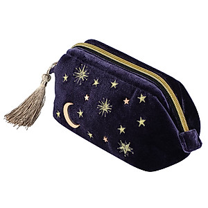 Handy cosmetic makeup bag,Navy Velvet Embroidered Applique Moon Stars Cosmetic Bag,Starry Makeup Pouch with Tassels & Pearl Zipper,Beautician Storage Bag