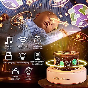 Jovow Baby Night Light for Kids, Rotating Star Light Projector for Kids with Music and Remote Timer, 84 Light Modes 14 Films,Rechargeable Bedroom Decor Gift for Boys Girls(Pink Snow House)
