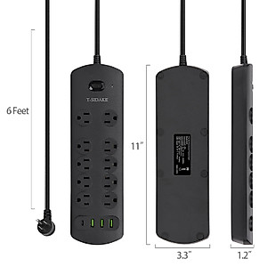 Power Strip, T-SIDAKE Socket, with 10 AC Power Outlets, 3 USB 3.0 Ports and a USB C Port, 6 Feet Extension Cord (1875W/15A), is a Necessity for Offices, Homes, and Dormitories. (Black)