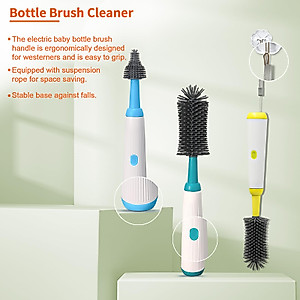 Augensterm Electric Bottle Brush Set with Electric Bottle Brush Cleaner, 3 Replaceable Baby Bottle Brushes and Extension handle. Silicone bottle brush, Waterproof, Perfect Baby Essentials(Lemon Yellow