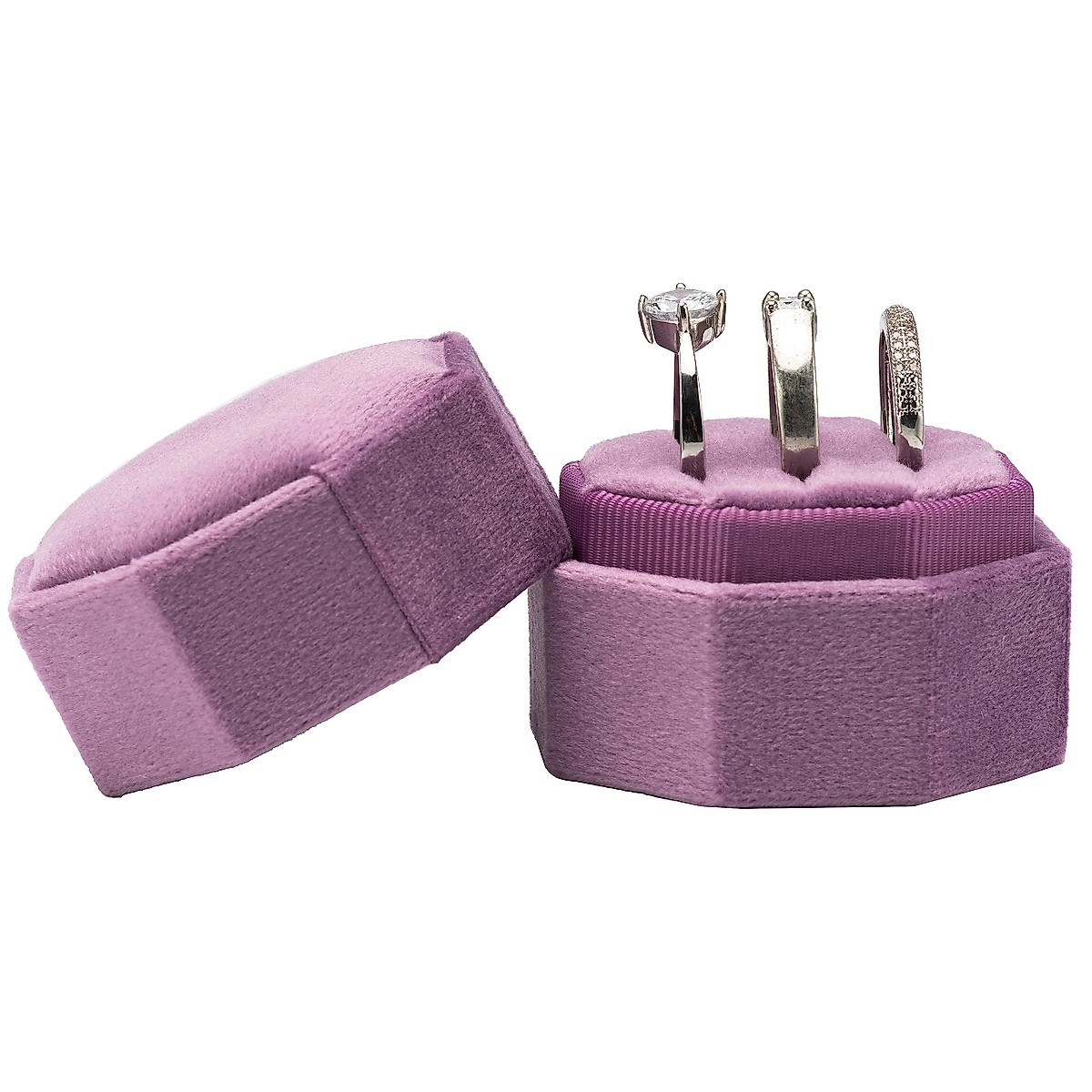 Giftop Equal Octagon Velvet Ring Box Storage 3 Slots for Wedding Ceremony Proposal Engagement Birthday Gift (Purple)