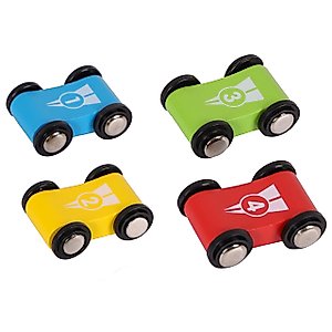 Wooden Car Ramp Race Track Toy - Toddler Car Playset - Replacement Cars 4 Pack - Matching Click Clack Track Vehicles Toddlers -Racing First Sport Cars for 18 Months -Stocking Fillers Stuffers Kids