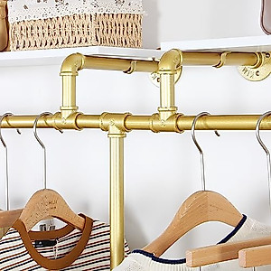 WJJAYY Wall Mounted Gold pipe clothing rack with 3 T-Bar Design and Nano Gold Finish with 2 Wooden Shelves Heavy Duty Wall Mounted Gold Iron Garment Bar for Retail Display and Closet Storage