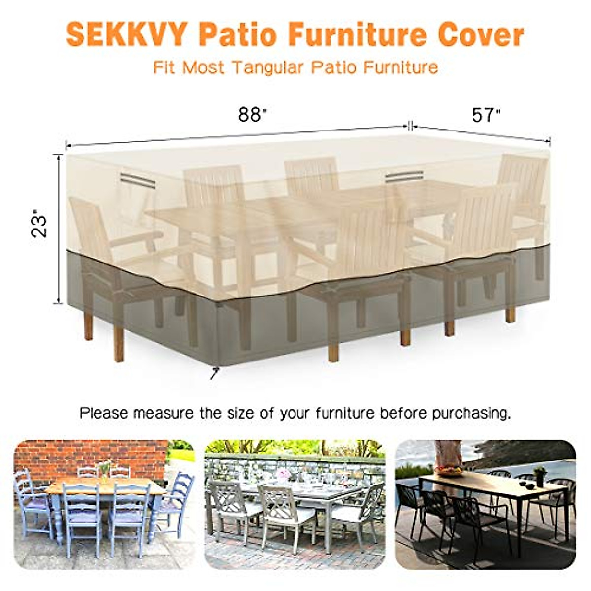 SEKKVY Shield Patio Table Cover, Outdoor Patio Furniture Cover-Durable Heavy Duty 600D Oxford Furniture Covers Waterproof Dining Table and Chairs Set Cover (Rectangular, 88"x 57"x 23")