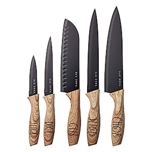 Rae Dunn Everyday Collection Set of 5 Stainless Steel Knives with Sheaths- Chef, Paring, Bread, Santoku Knives- (Black)