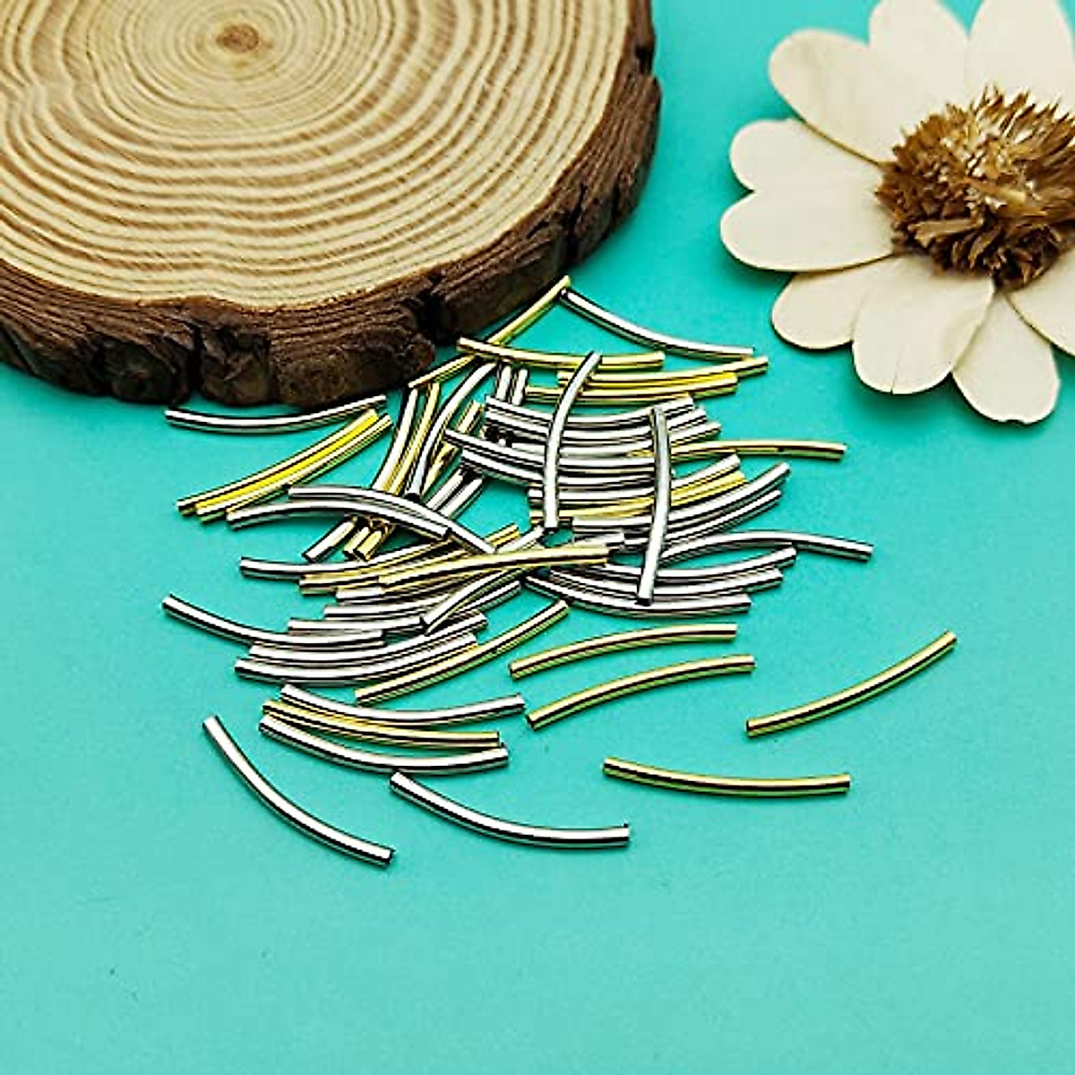200Pcs Curved Noodle Tube Spacer Beads Tarnish Resistant Noodles Beads Brass Tube Beads Long Curved Tube DIY Jewelry Making(Gold,White K)