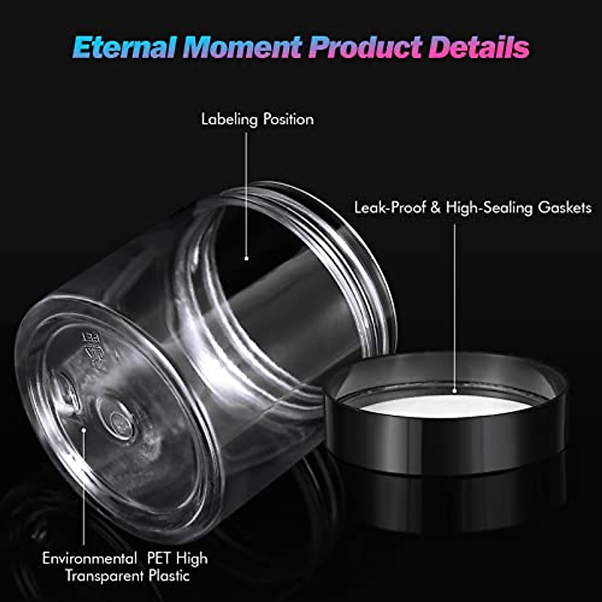 50 Pack 4 OZ Plastic Jars Round Clear Cosmetic Container with Lids, Eternal Moment Slime Jars for Lotion, Cream, Ointments, Makeup, Eye shadow, Rhinestone, Samples, Pot, Travel Storage