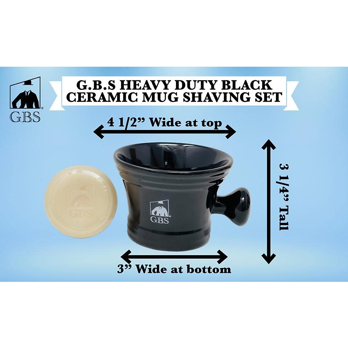 G.B.S Heavy Duty Black Ceramic Shaving Bowl, Mug with Natural Shave Soap – for use with up to 3” Shaving Soaps and Lathering Shave Cream Cup – Pommel Handle (Black)