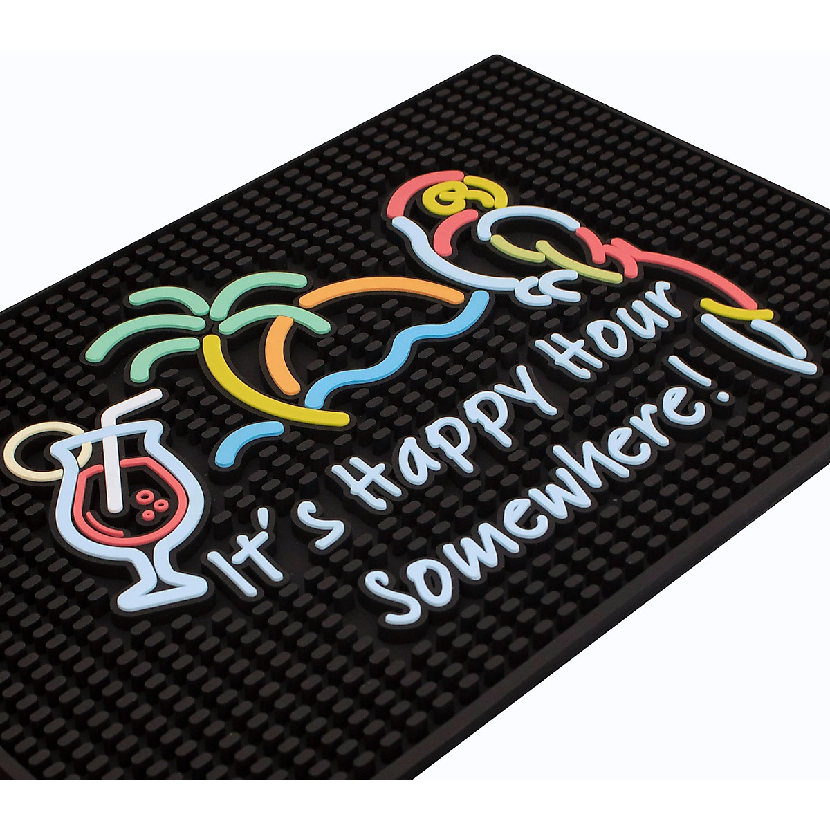 Tiki Bar Happy Hour Sign Rubber Bar Mat for Bartending 18x12 in, It's Happy Hour Somewhere Outdoor Tiki Bar Decor, Bar Mats for Countertop, Bar mat for Home Bar, Bartender Mat, Home Bar Accessories