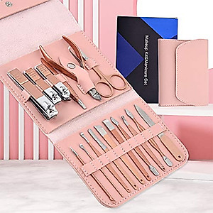 Sidantu 16 in 1 Nail Kit Pink Nail Clipper Set Stainless Steel Manicure Set Professional Makeup Kit for Women, with Soft and Premium Quality Leather Case Upgraded Version