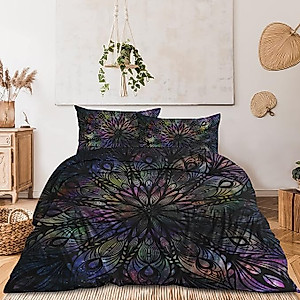 Sleepwish 3pcs Ancient Geometric Boho Duvet Cover Set Black Purple Mandala Bedding Set Bohemian Comforter Cover Soft Microfiber (King)