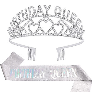 AOPRIE Birthday Tiara for Women Silver Birthday Queen Sash & Headband Happy Birthday Tiara and Crown for Women Rhinestone Crystal Decor